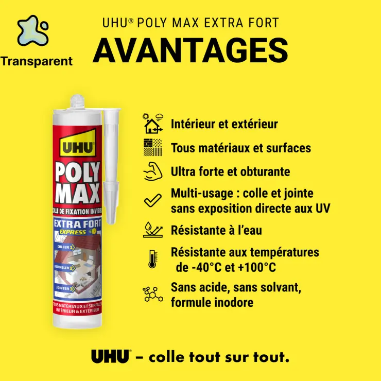 UHU | Poly Max® Extra fort – Mastic colle transparent surpuissant
